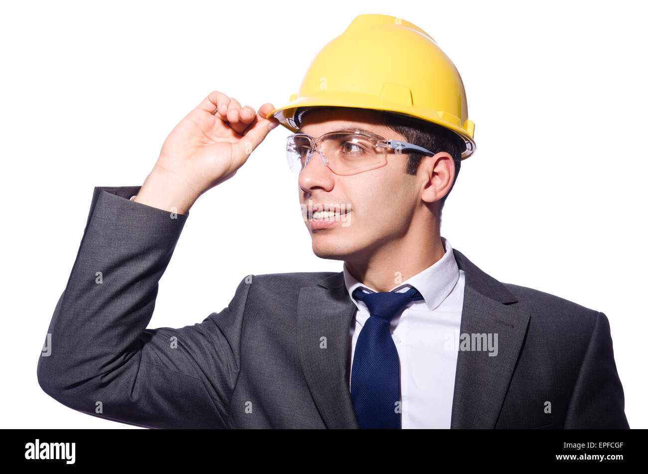 Man wearing hard hat isolated on white Stock Photo - Alamy