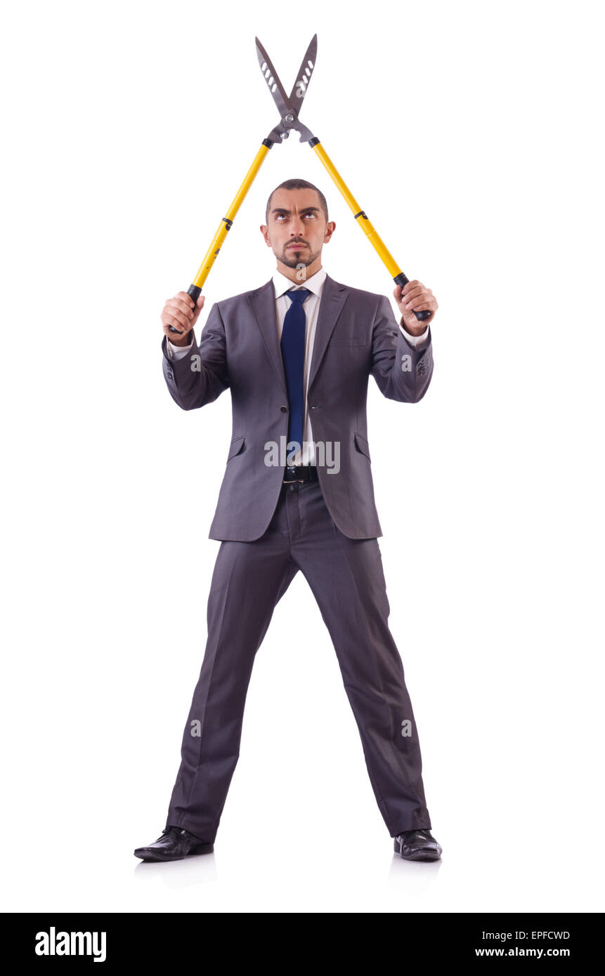 Man with shears in job cutting concept Stock Photo - Alamy