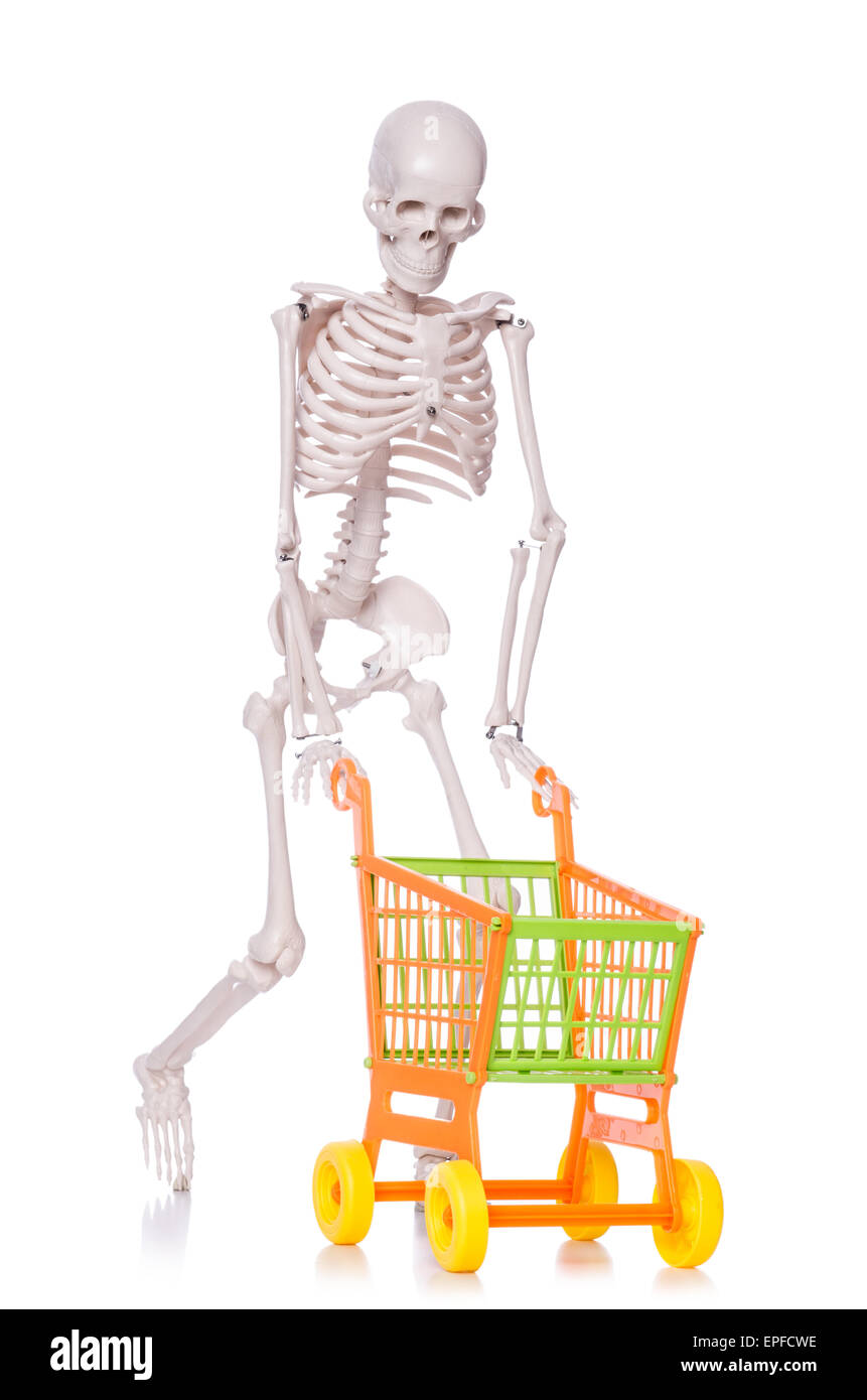 Skeleton with shopping cart trolley isolated on white Stock Photo - Alamy