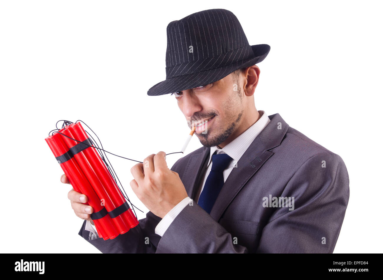 Man with dynamite stick isolated on white Stock Photo - Alamy