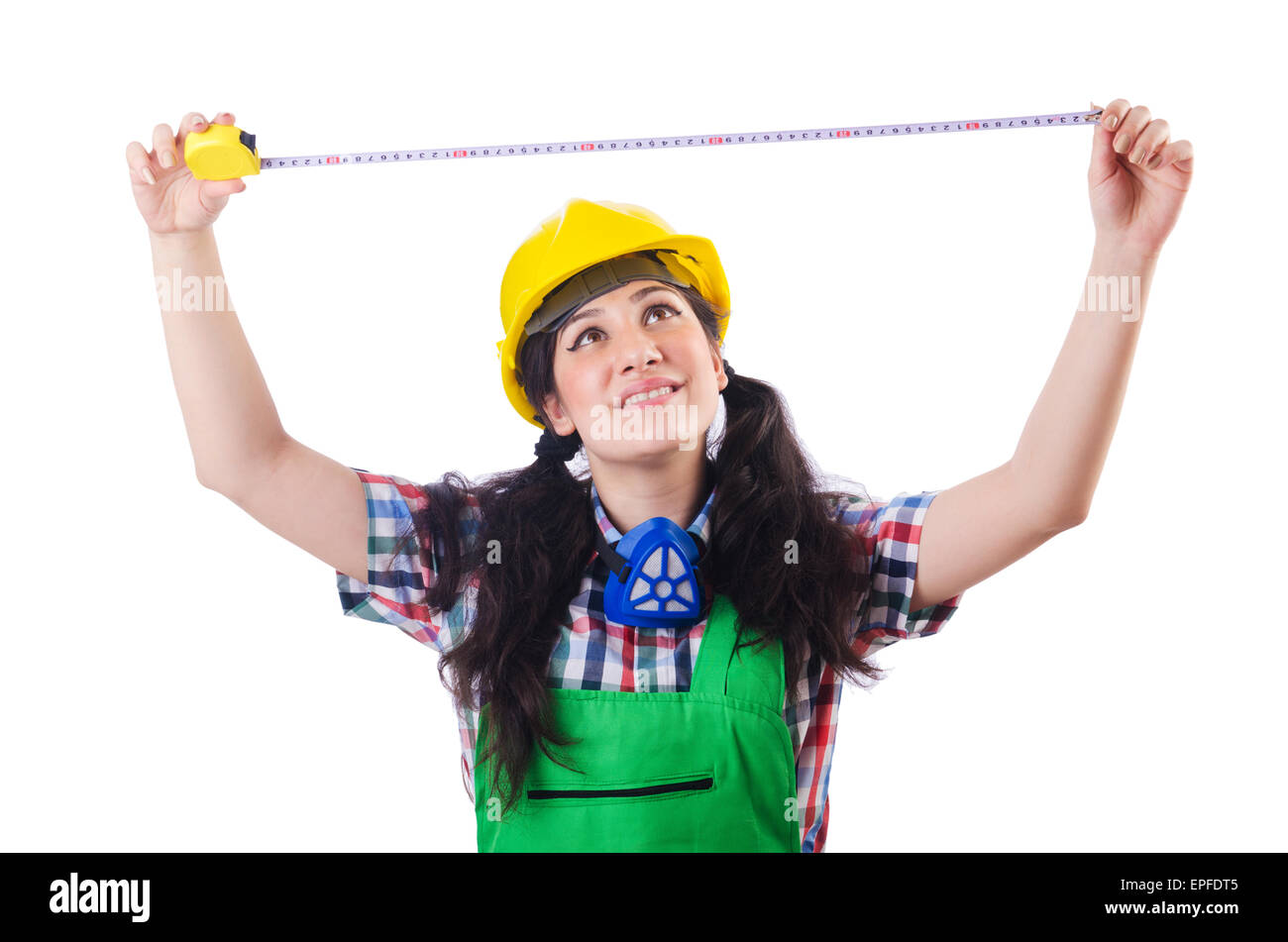 Woman construction worked measuring distance Stock Photo - Alamy