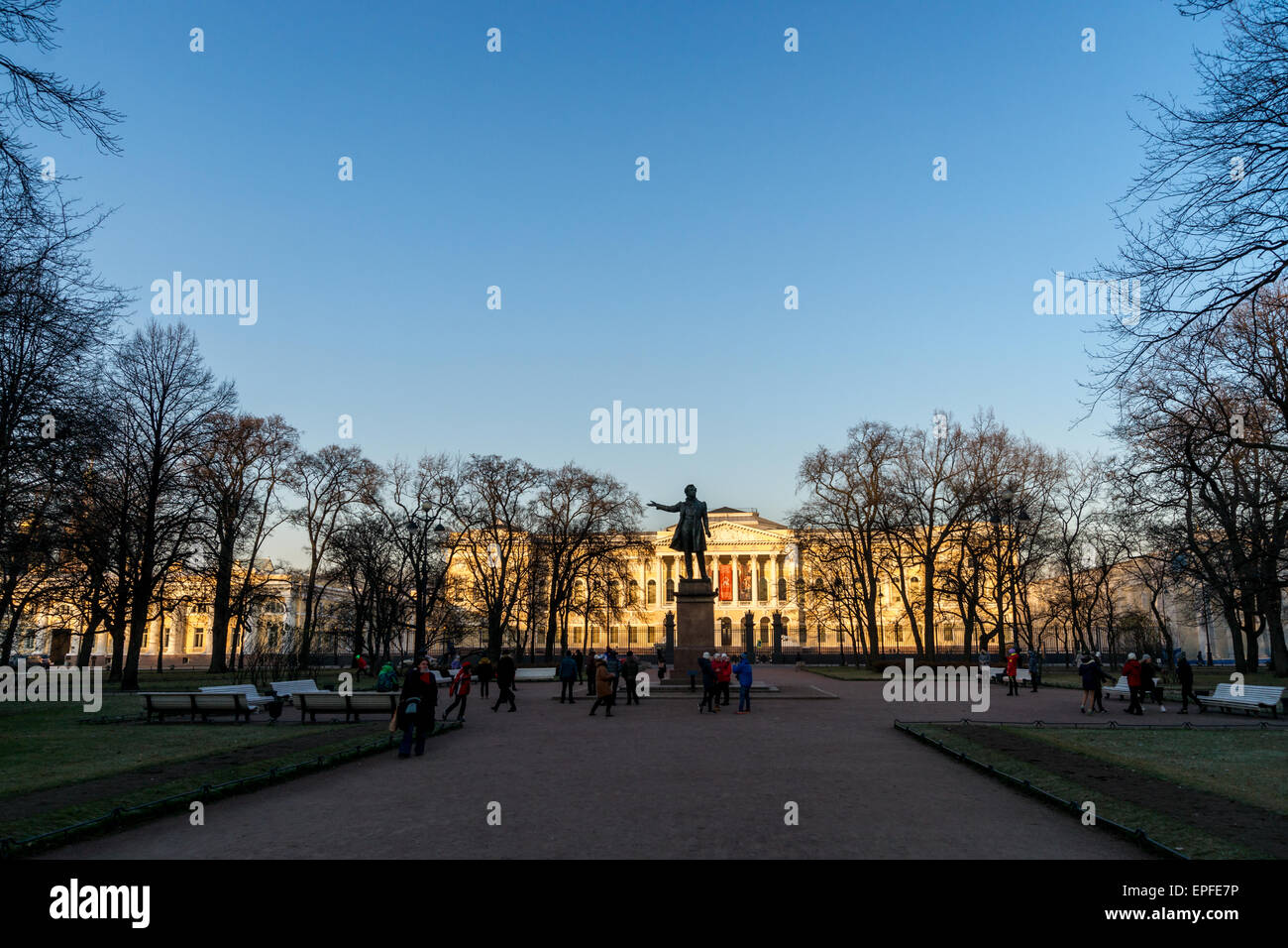 Silhouette of monument to Russian poet Alexander Pushkin in front of ...