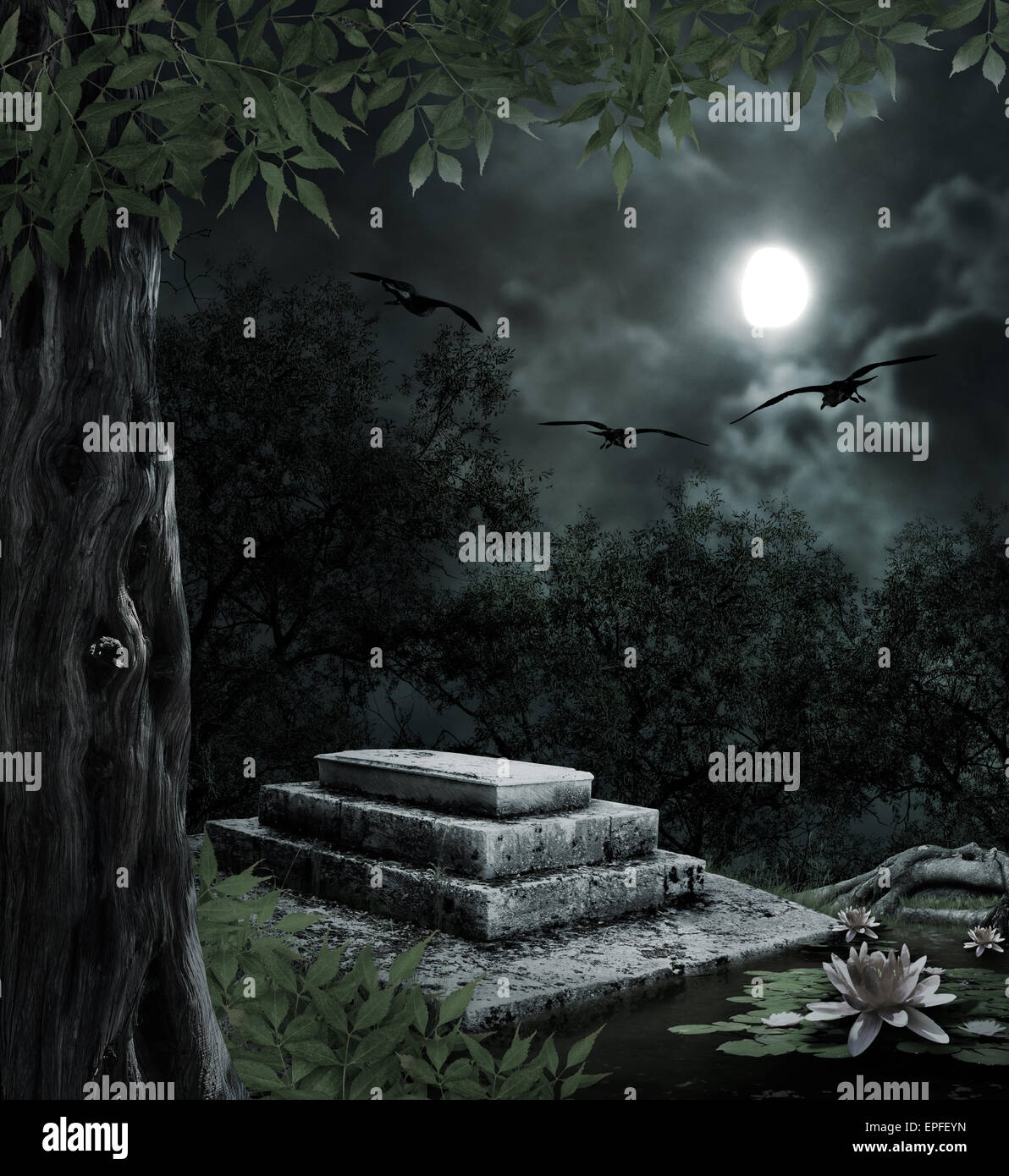 Tombstone in celebration of Halloween on the background of the moonlit ...