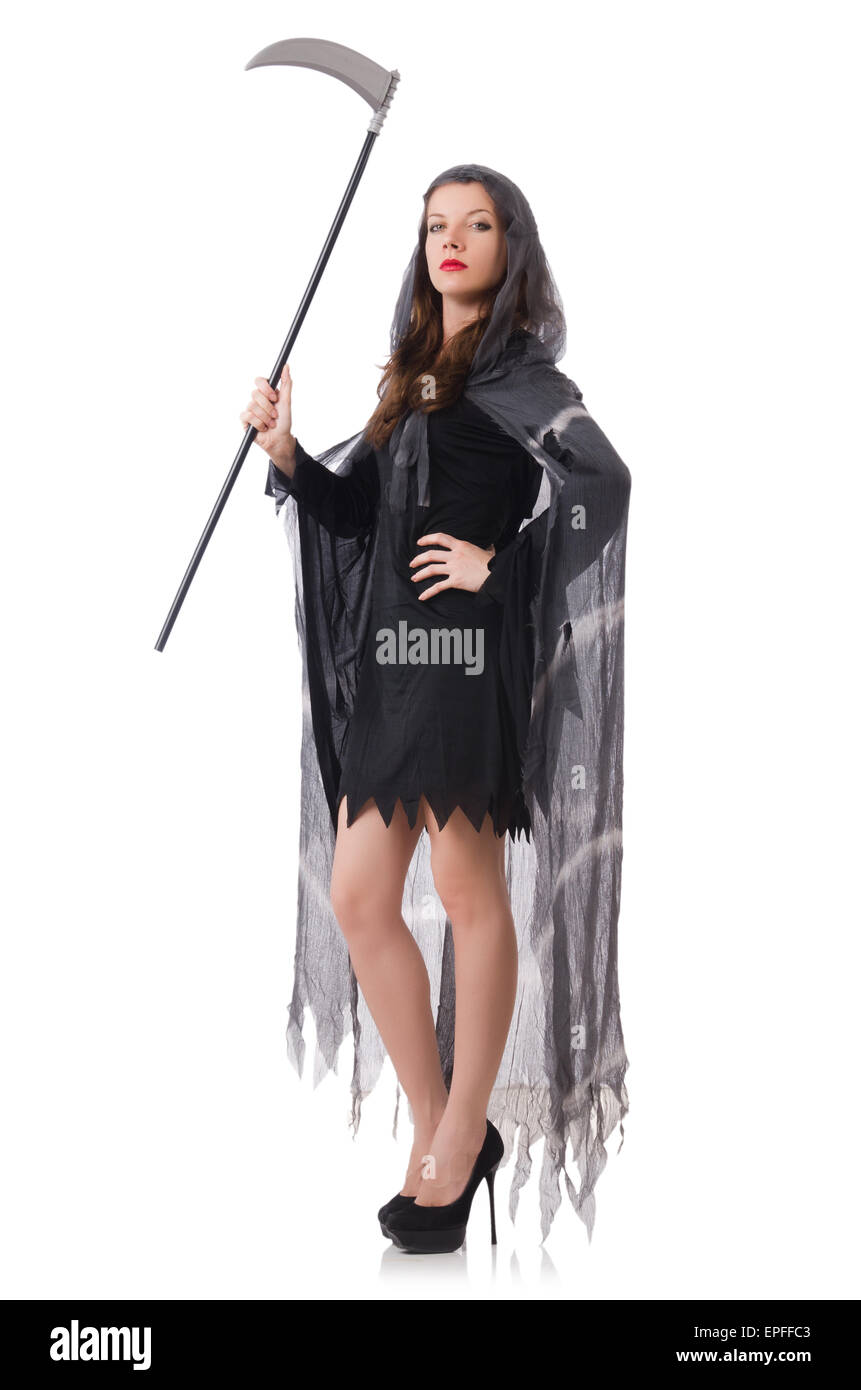 Woman in halloween concept with scythe Stock Photo - Alamy
