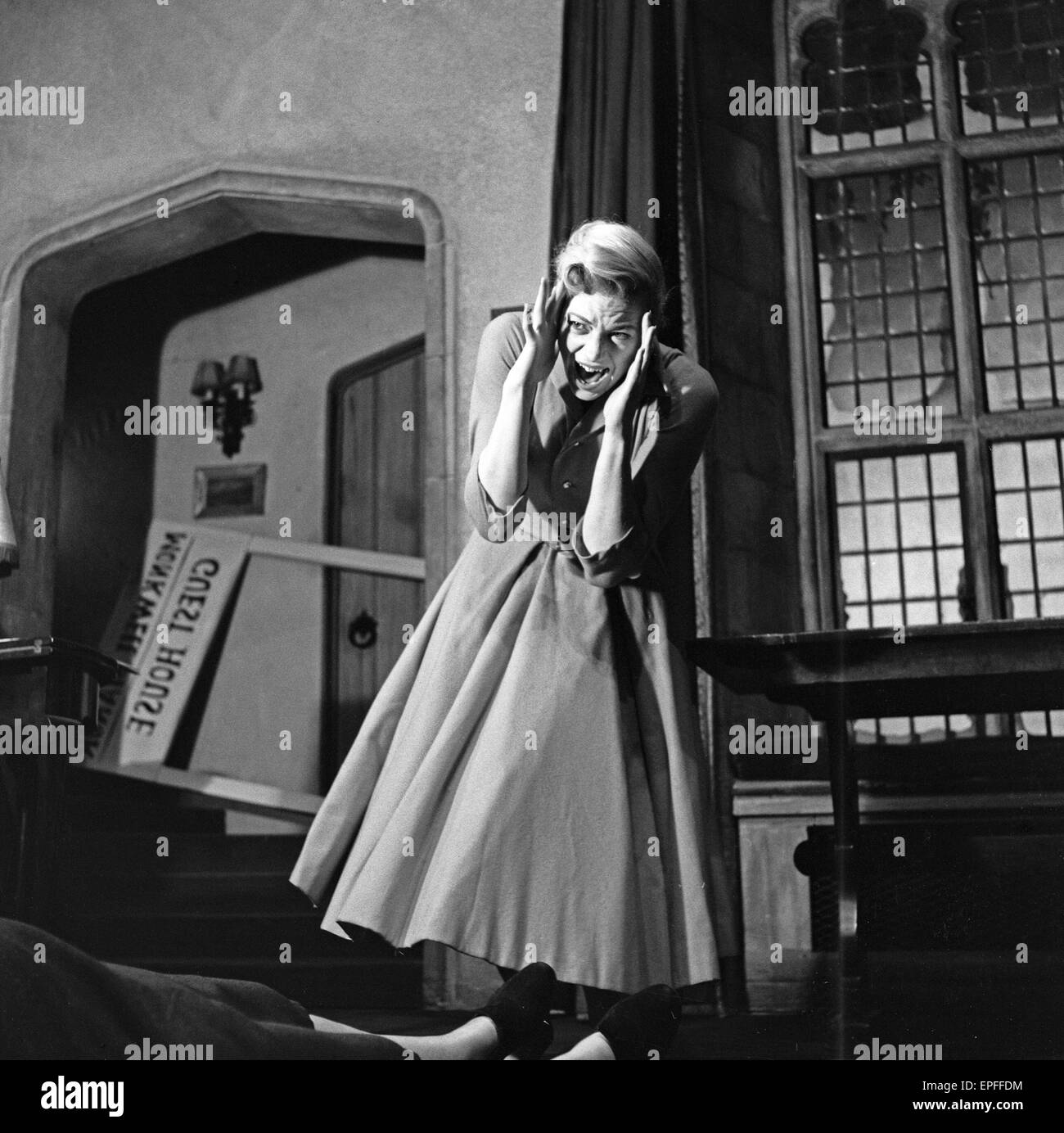 Actress Mary Law on stage as leading lady number five in "The Mousetrap ...
