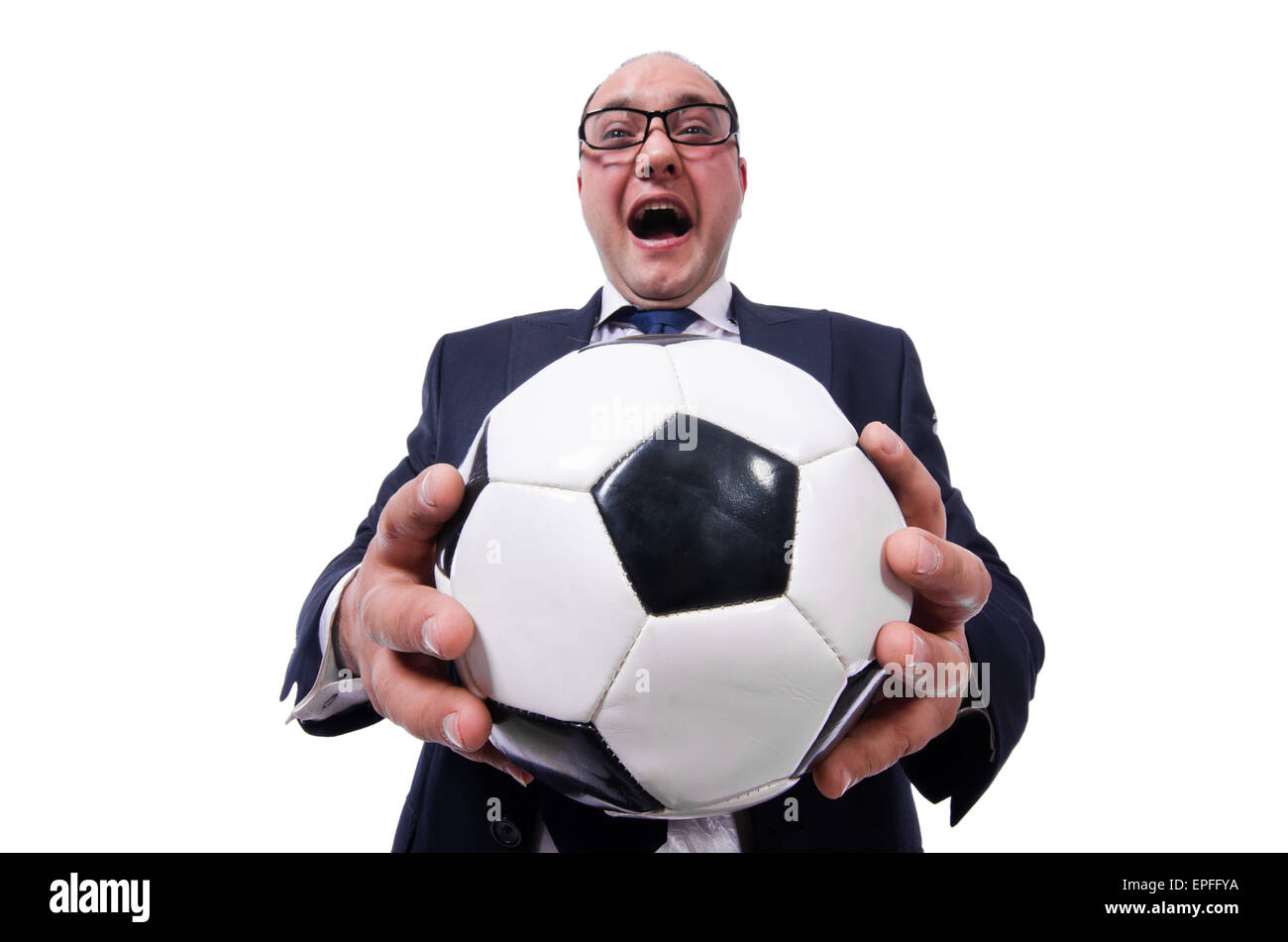 Funny man with football isolated on white Stock Photo - Alamy