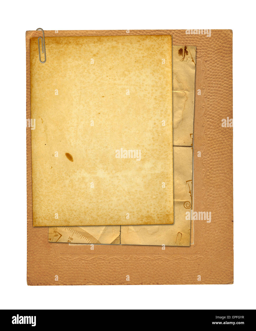 Set of old archival papers and vintage postcard isolated on white ...
