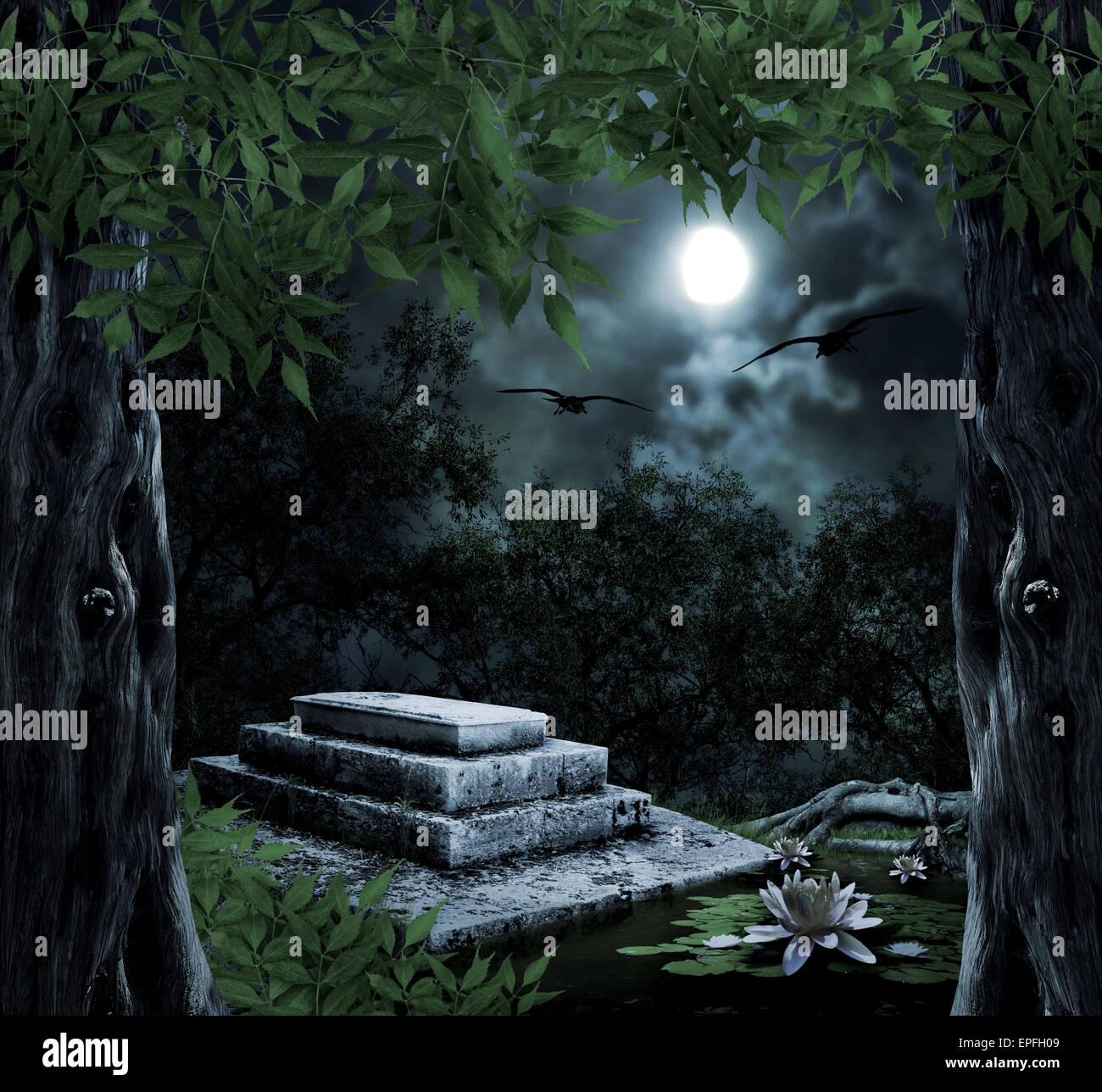 Tombstone in celebration of Halloween on the background of the moonlit ...