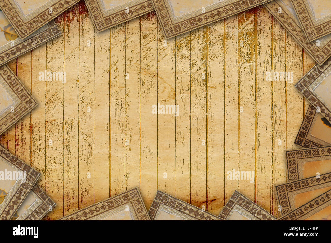 A stack of old postcards and frames on a wooden table Stock Photo - Alamy