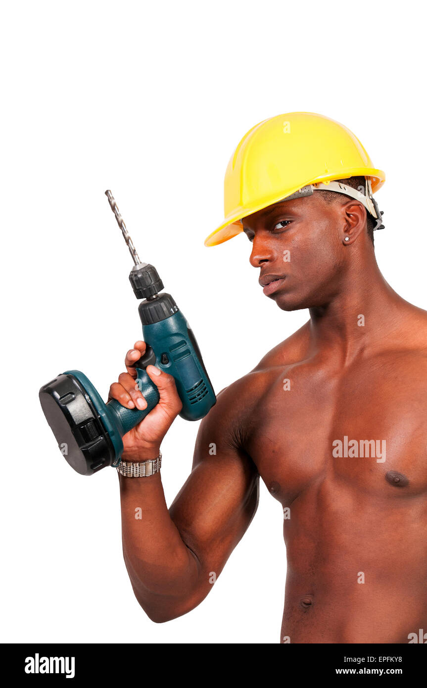 Construction Worker with Drill Stock Photo - Alamy