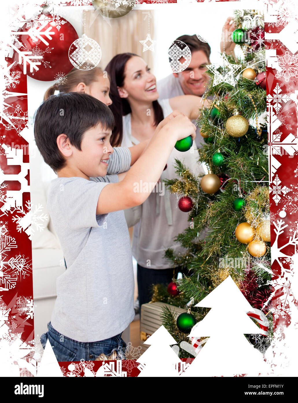 Composite image of happy family decorating a christmas tree with ...