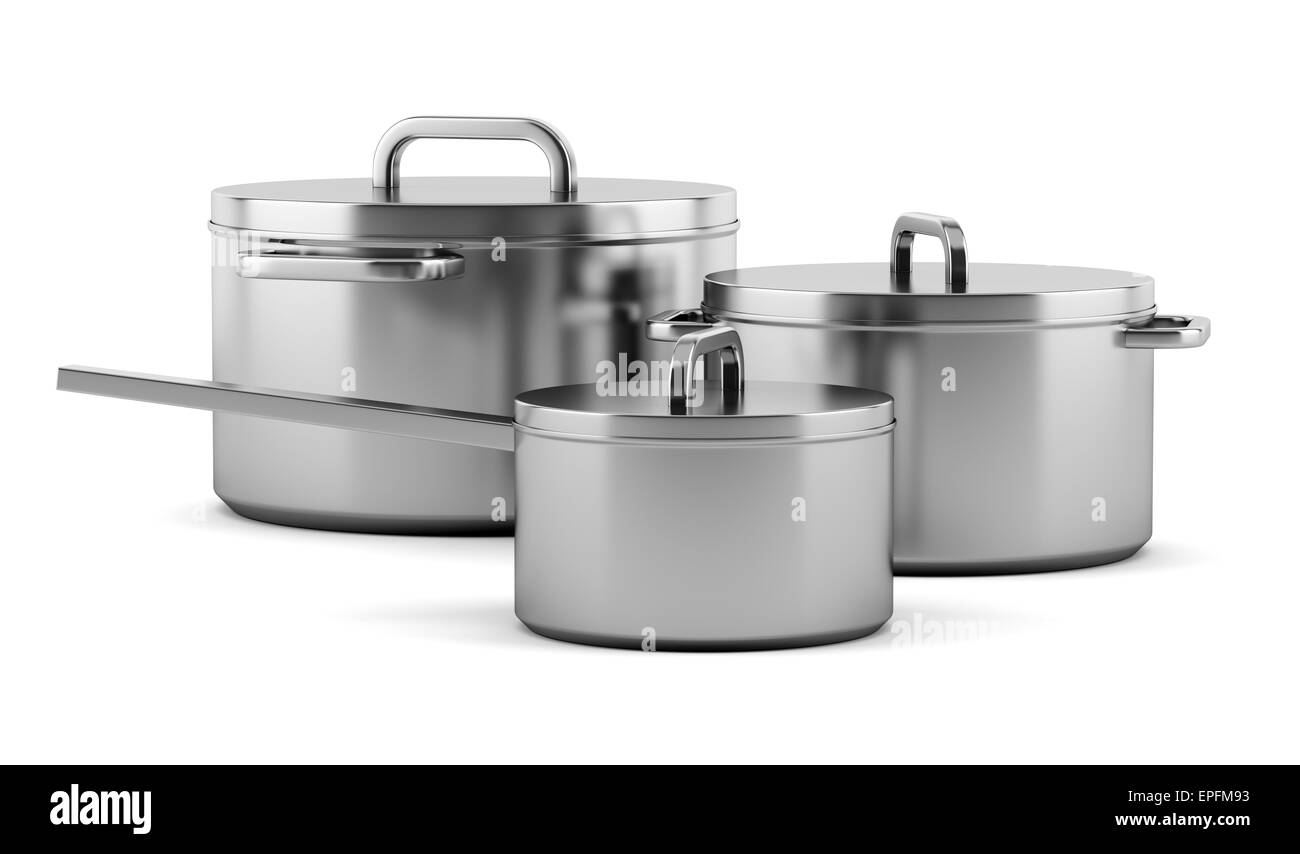 three cooking pans isolated on white background Stock Photo - Alamy