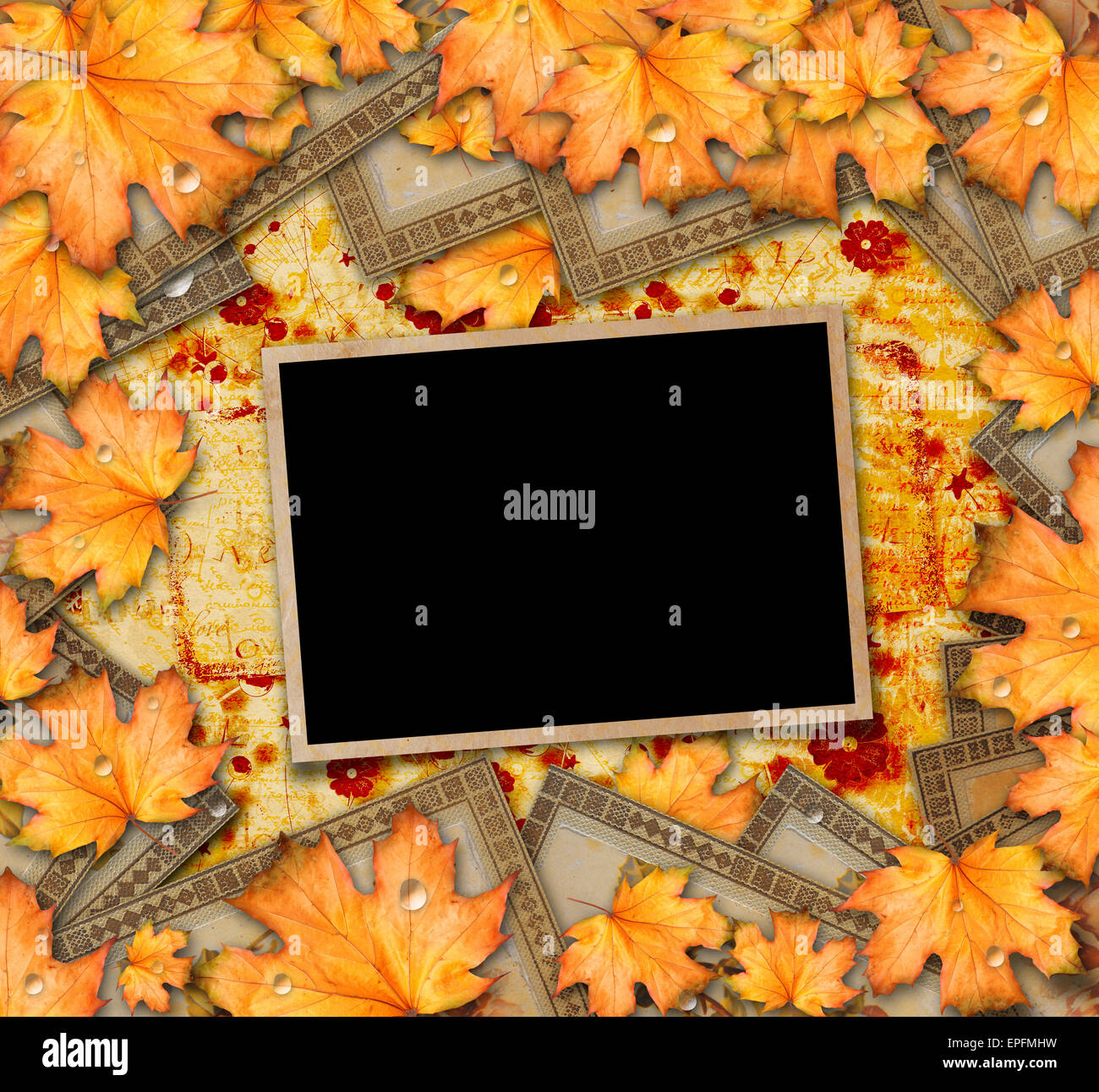 Grunge paper design in scrapbooking style with photoframe and autumn ...