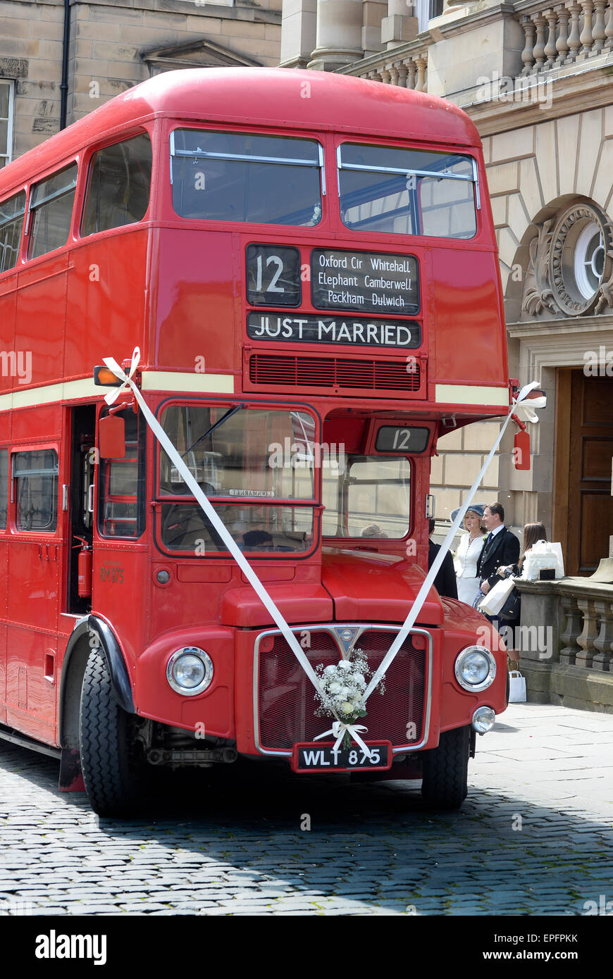 Just Married on a Red Bus Stock Photo - Alamy