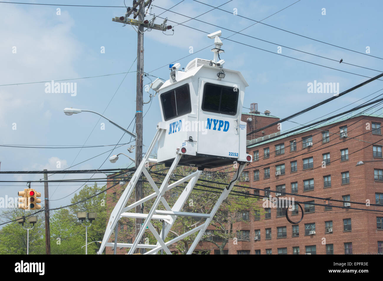 Queens, New York, USA. 17th May, 2015. A mobile police tower stands ...