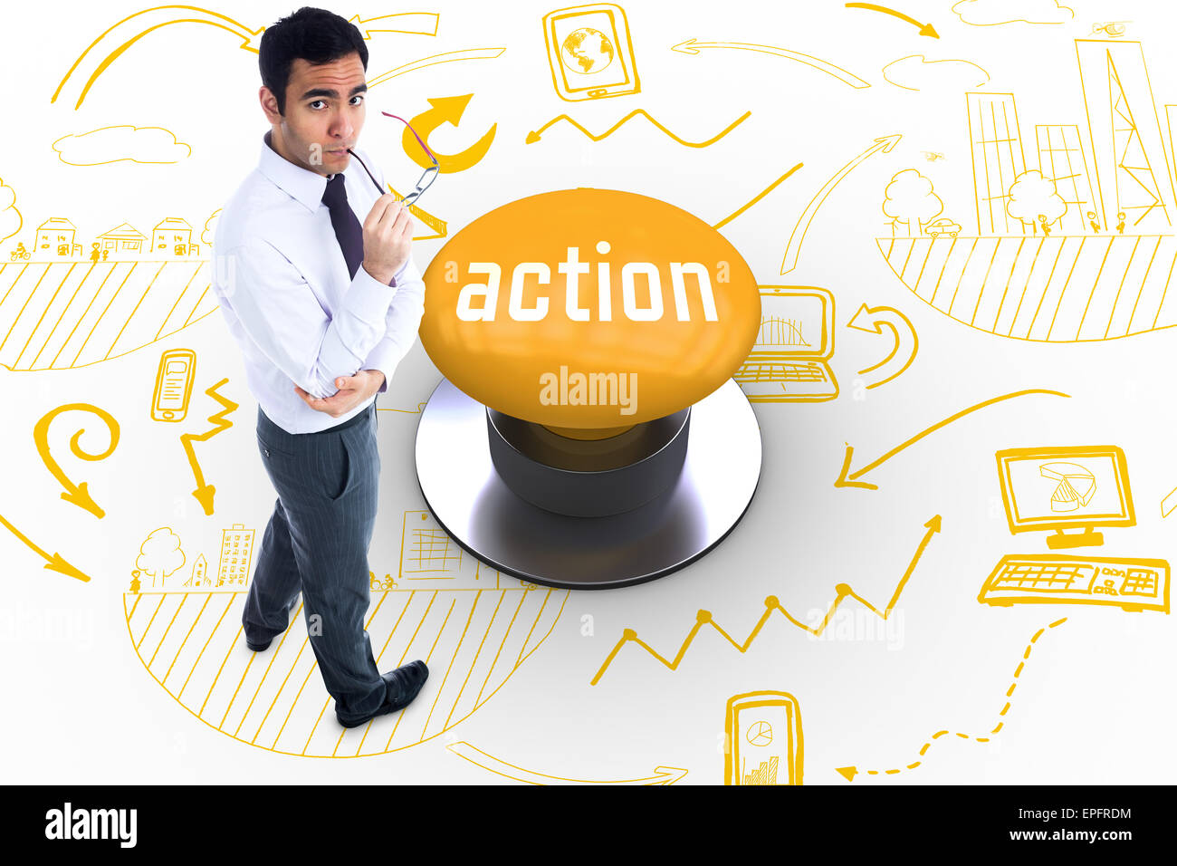 Action against yellow push button Stock Photo - Alamy
