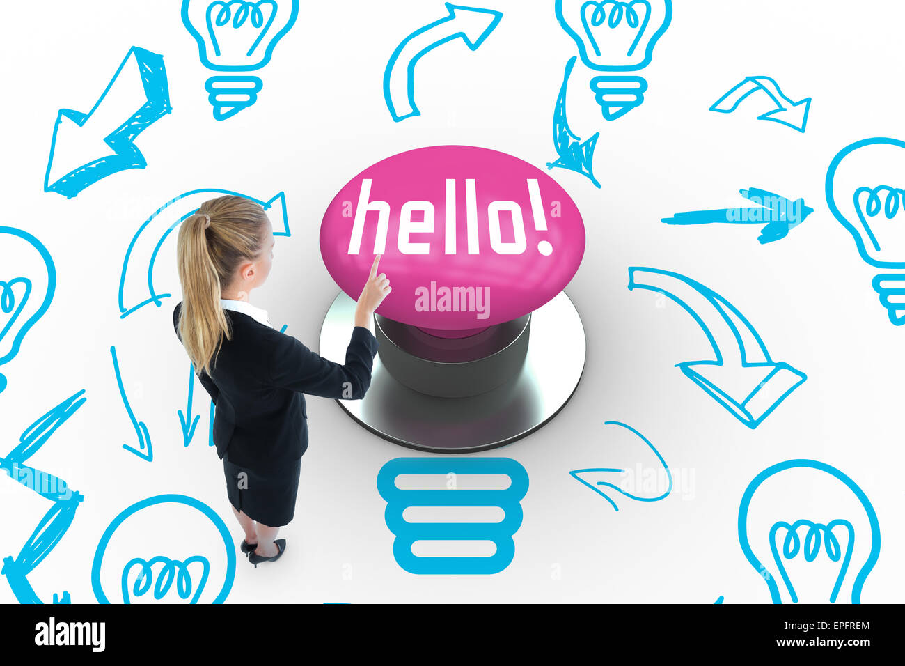 Hello! against pink push button Stock Photo - Alamy