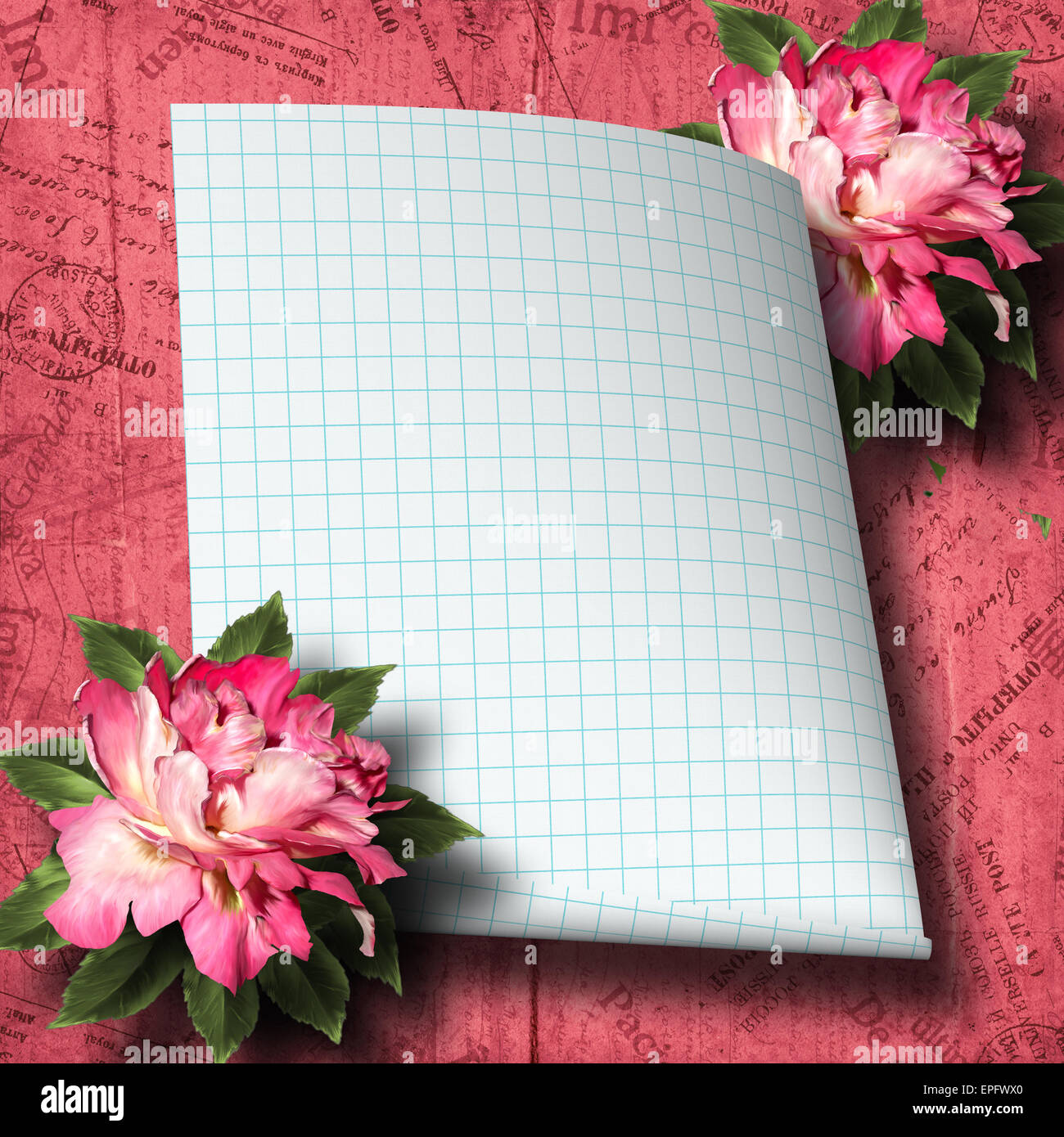 Beautiful hand drawn rose branch and sheet of paper on abstract ...