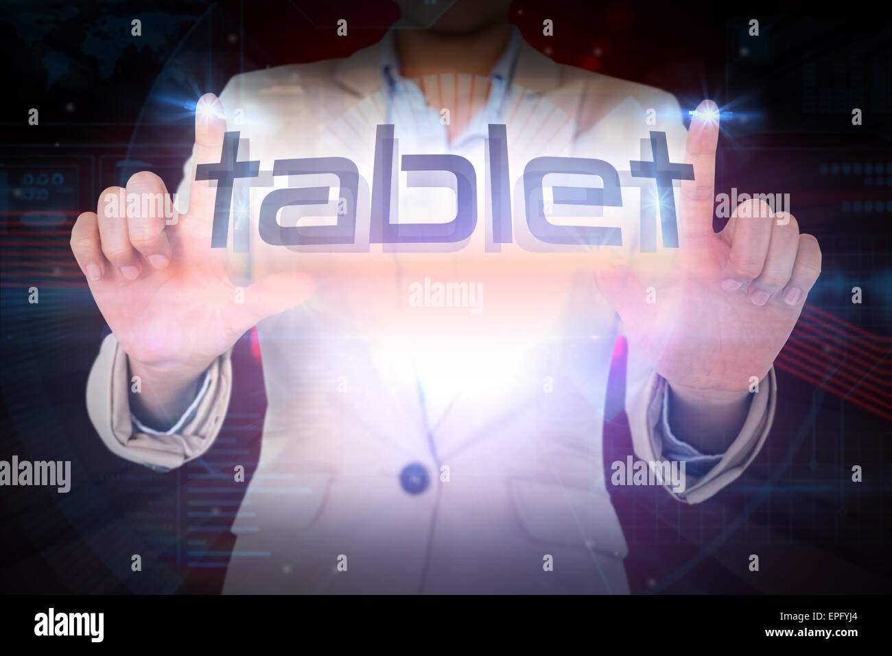 Businesswoman presenting the word tablet Stock Photo - Alamy