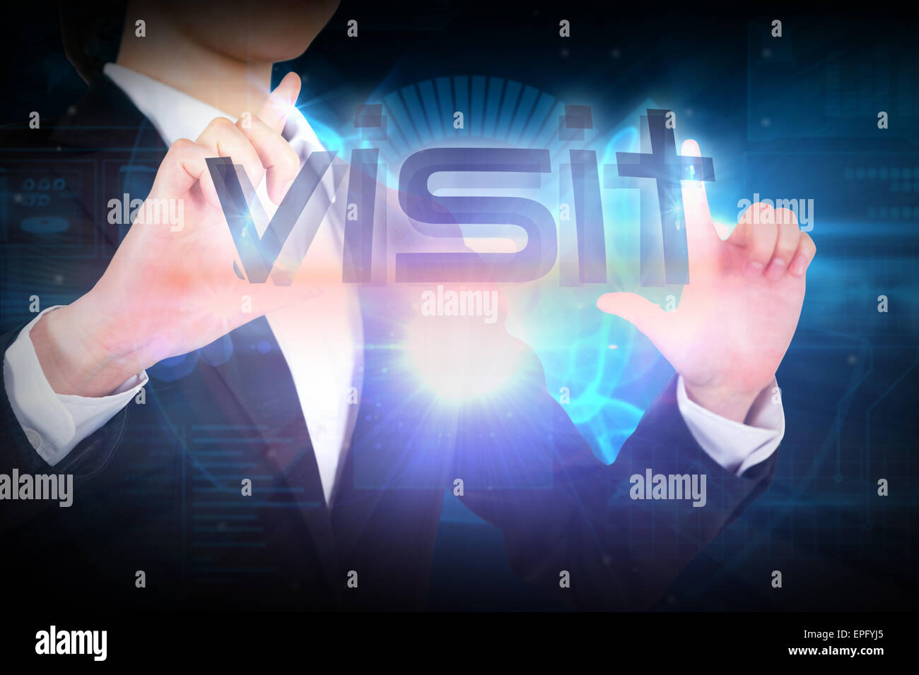 Businesswoman presenting the word visit Stock Photo - Alamy