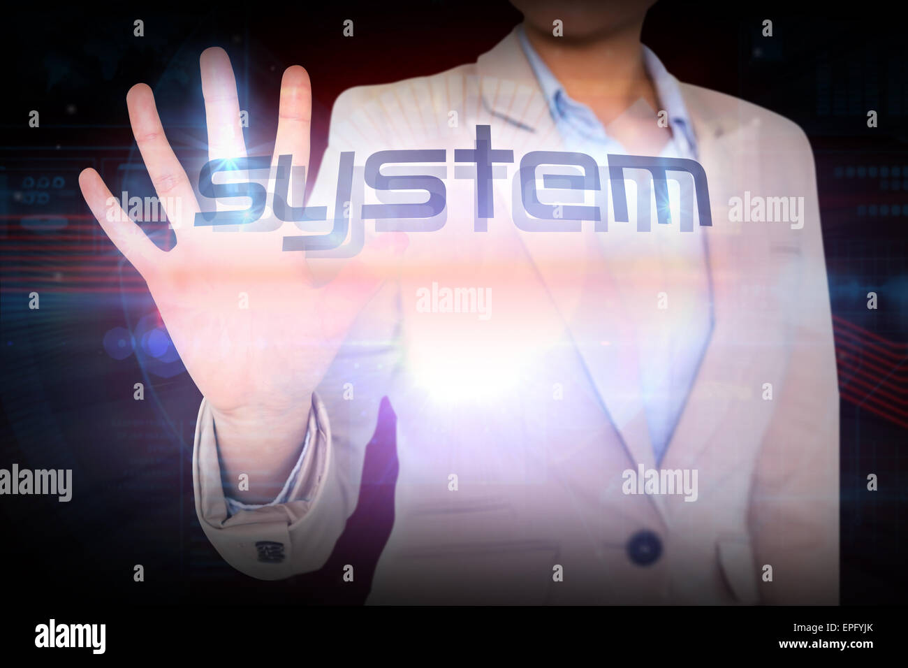 Businesswoman presenting the word system Stock Photo - Alamy