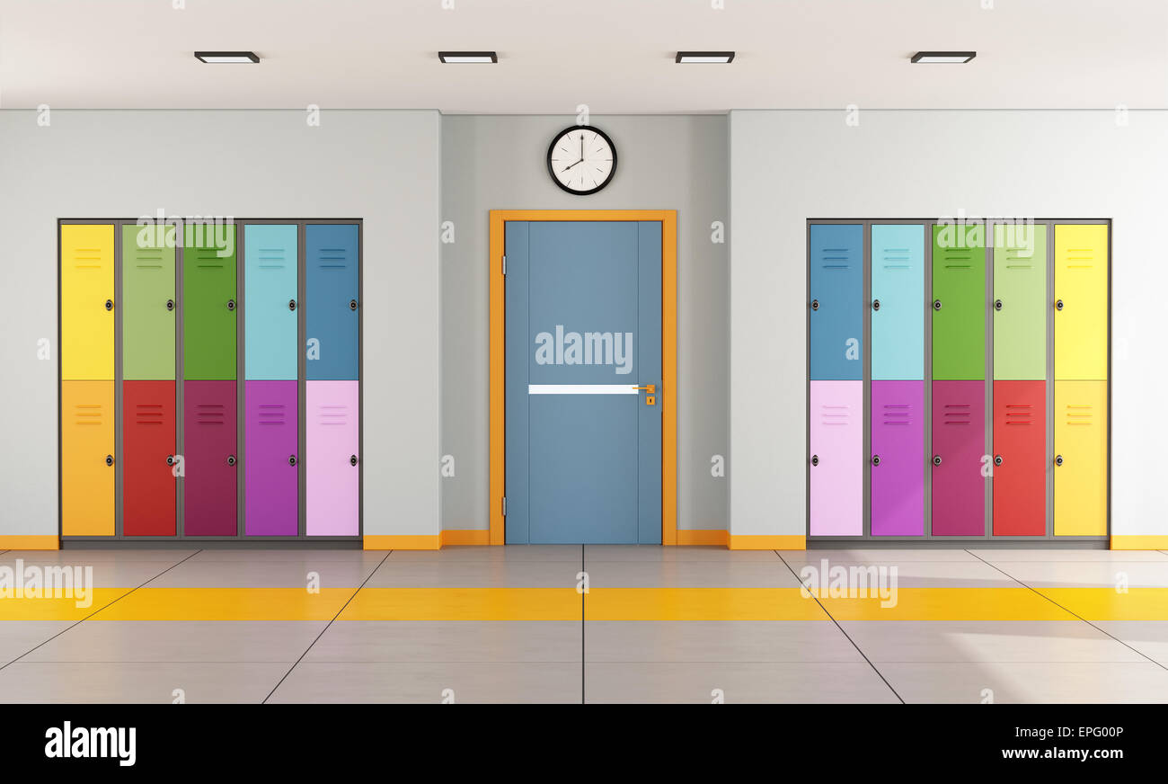 Interior of a modern school with colorful student lockers and door of a ...