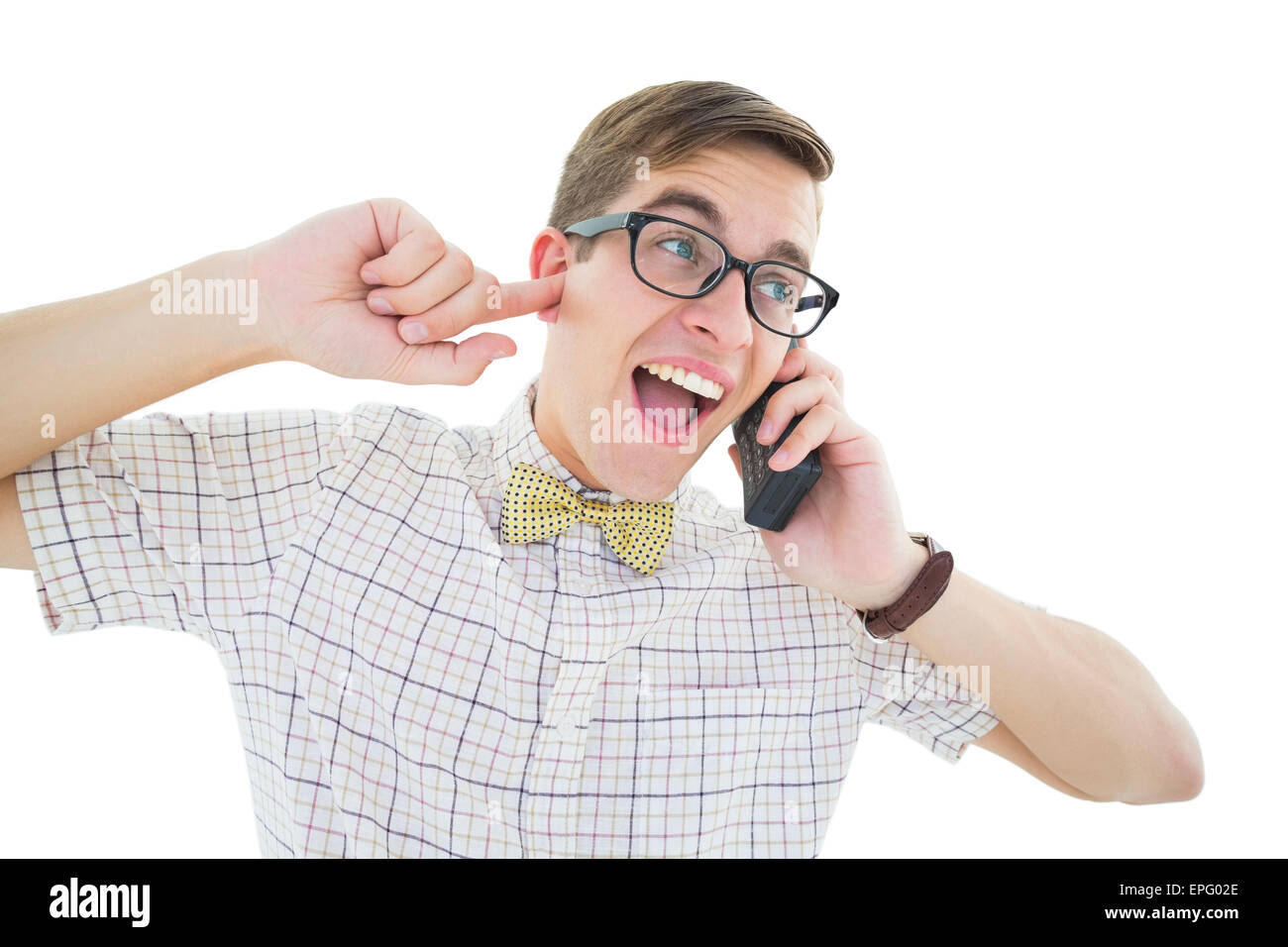 Geeky hipster talking on a retro cellphone Stock Photo - Alamy