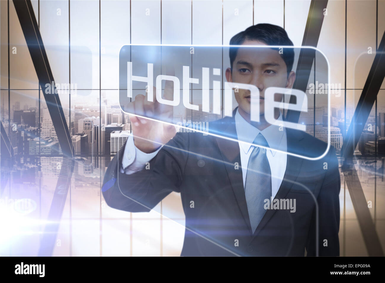 Businessman presenting the word hotline Stock Photo - Alamy