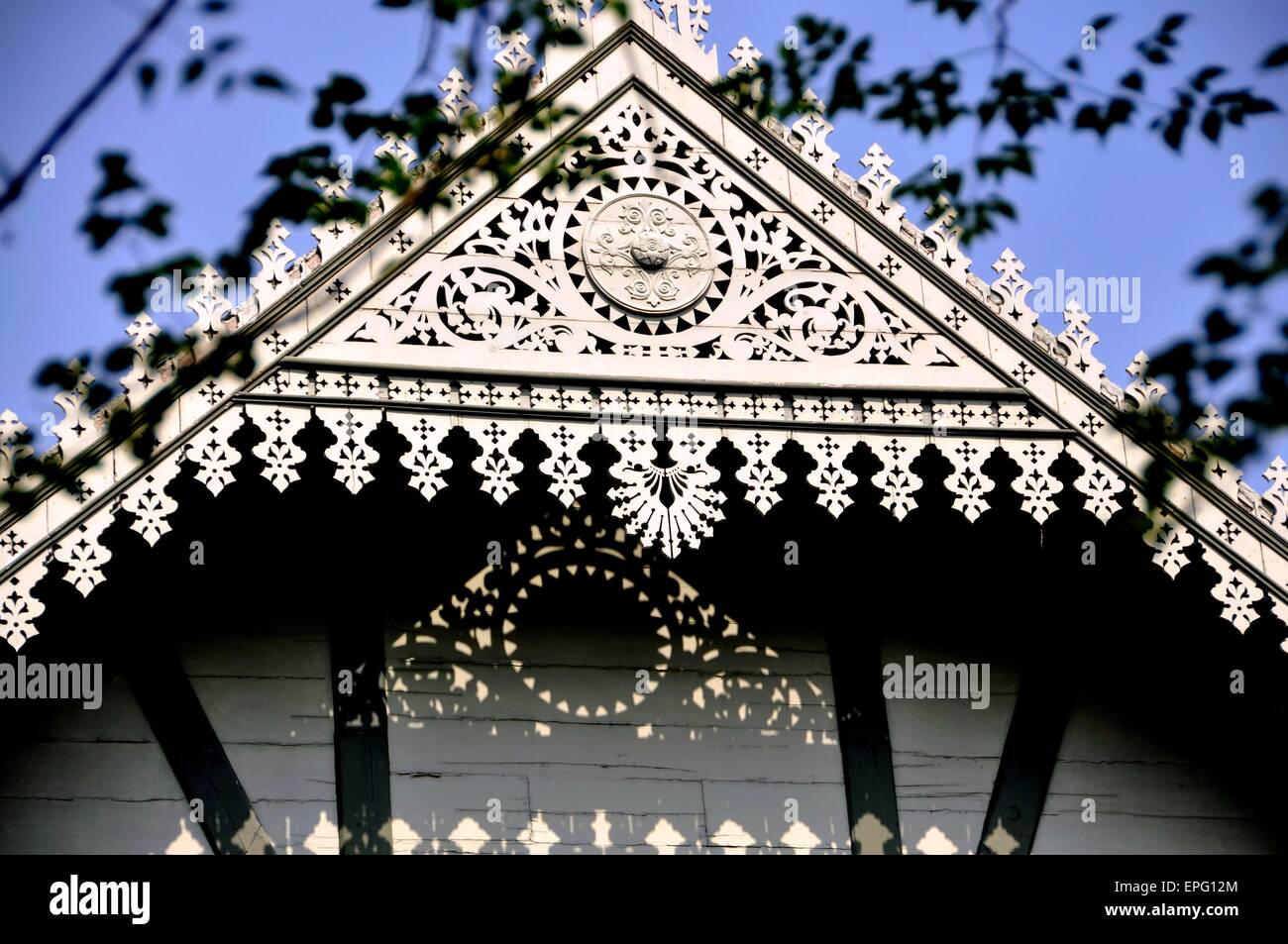 Bangkok, Thailand: Detail of the intricately carved wooden fretwork ...