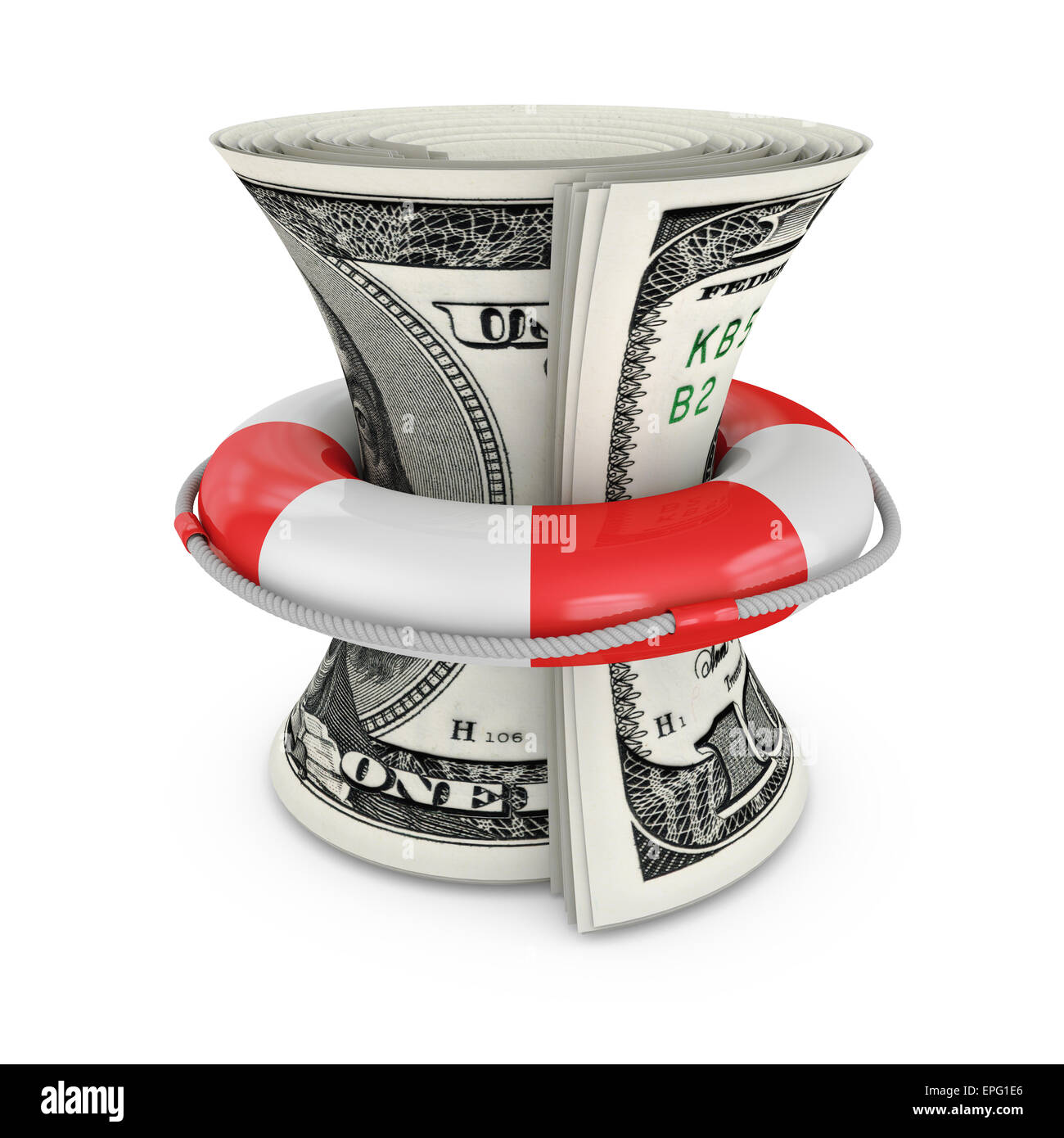 lifebuoy with twisted dollars on a white background Stock Photo - Alamy