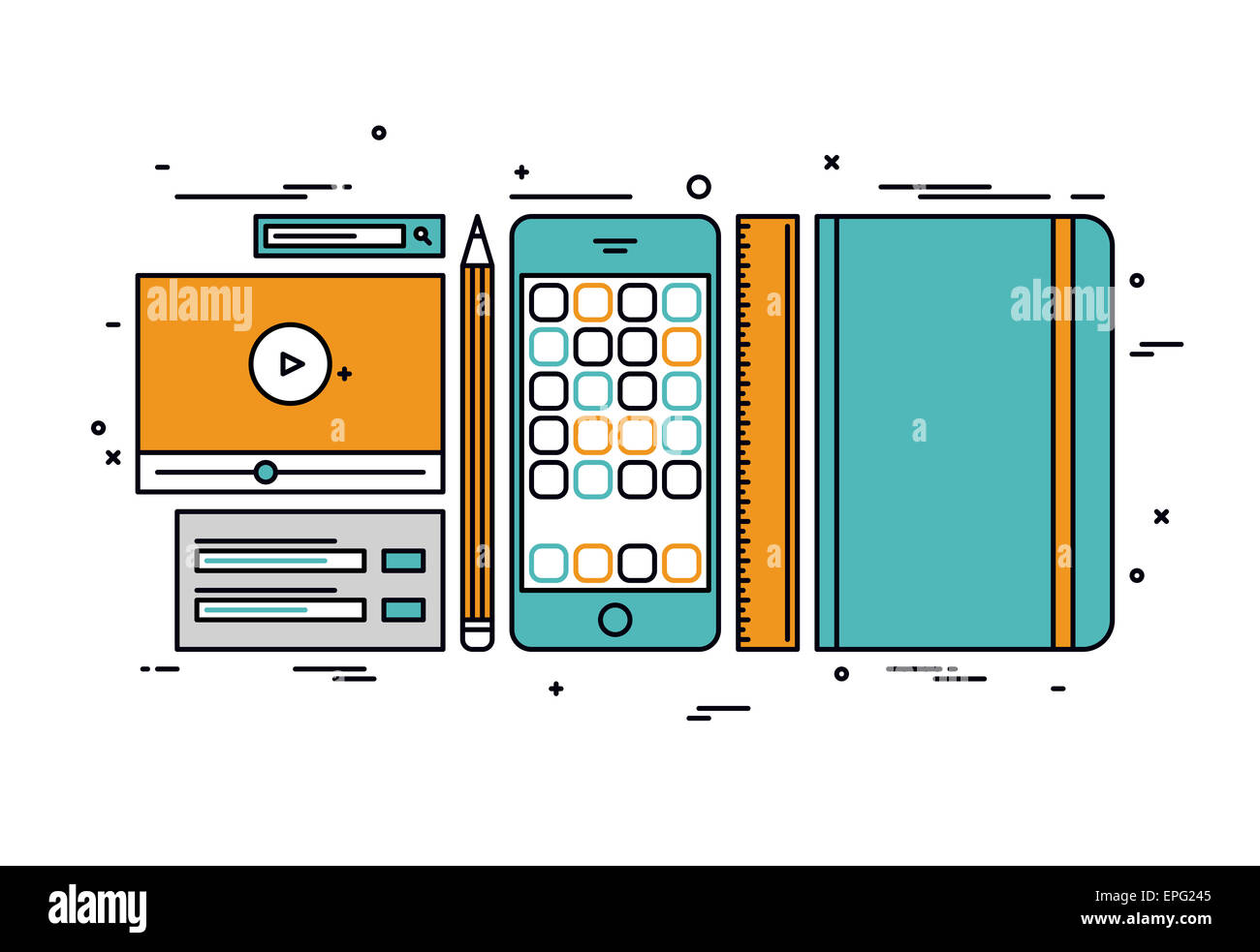 Thin line flat design of smartphone app development, designer and coder ...