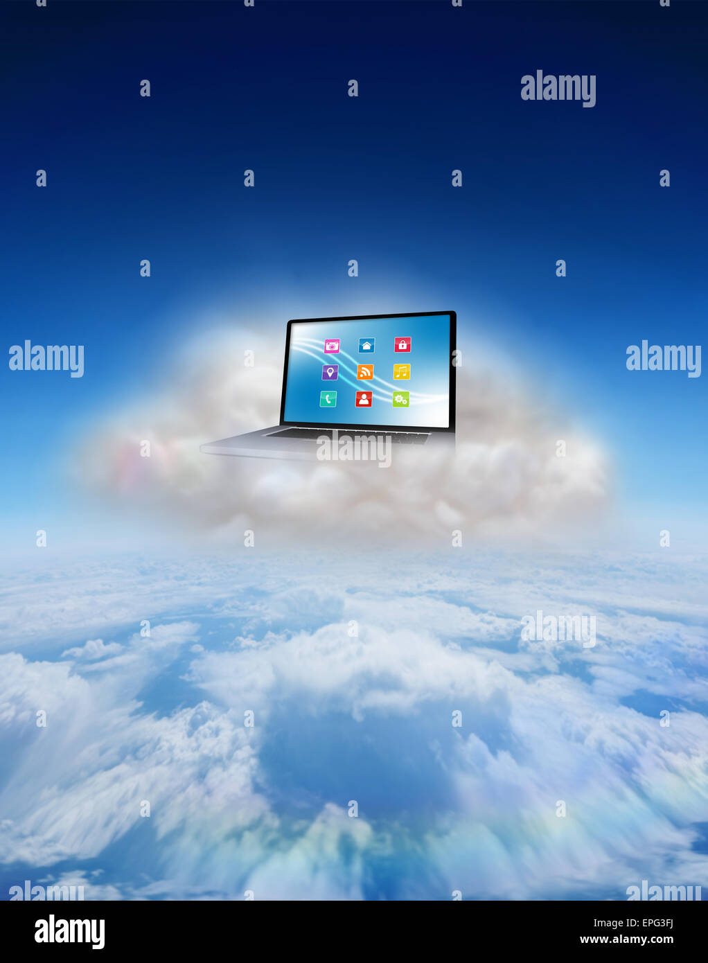 Composite image of laptop on floating cloud Stock Photo - Alamy