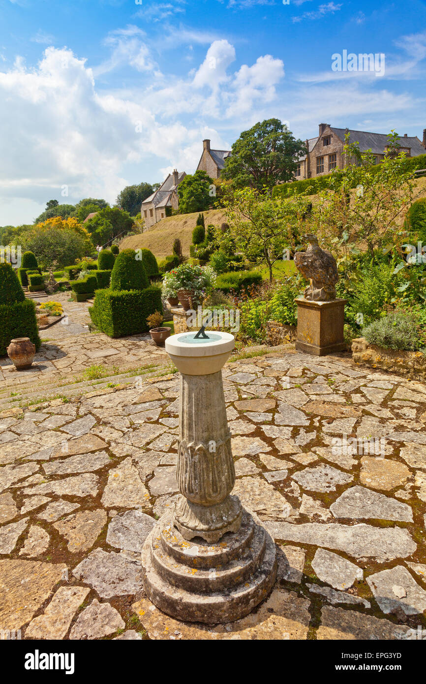 The sundial in the italianate garden at Mapperton House, nr Beaminster ...