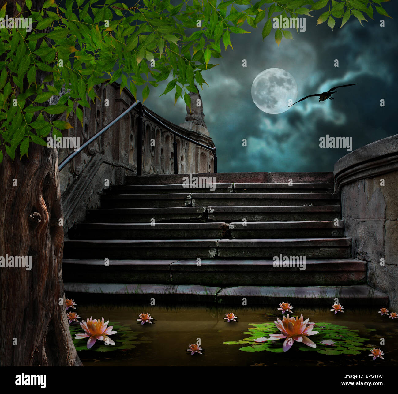 Old stone staircase in celebration of Halloween on background of ...