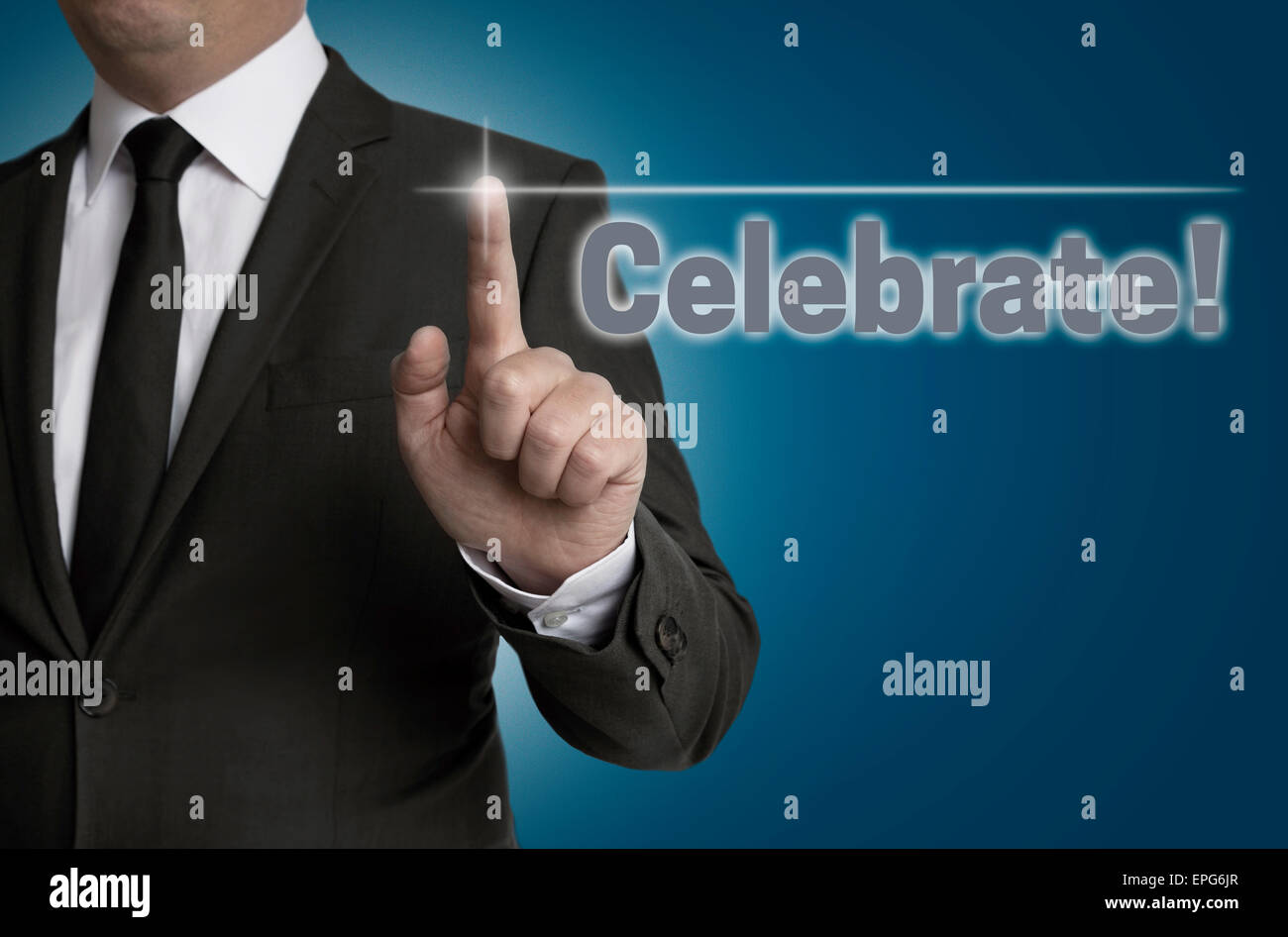 Celebrate touchscreen is operated by businessman Stock Photo - Alamy