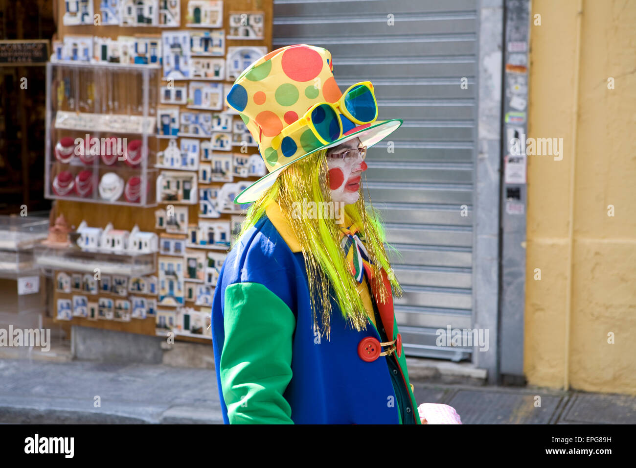 Clown with hat during carnival in Plaka, Athens, Greece Stock Photo - Alamy