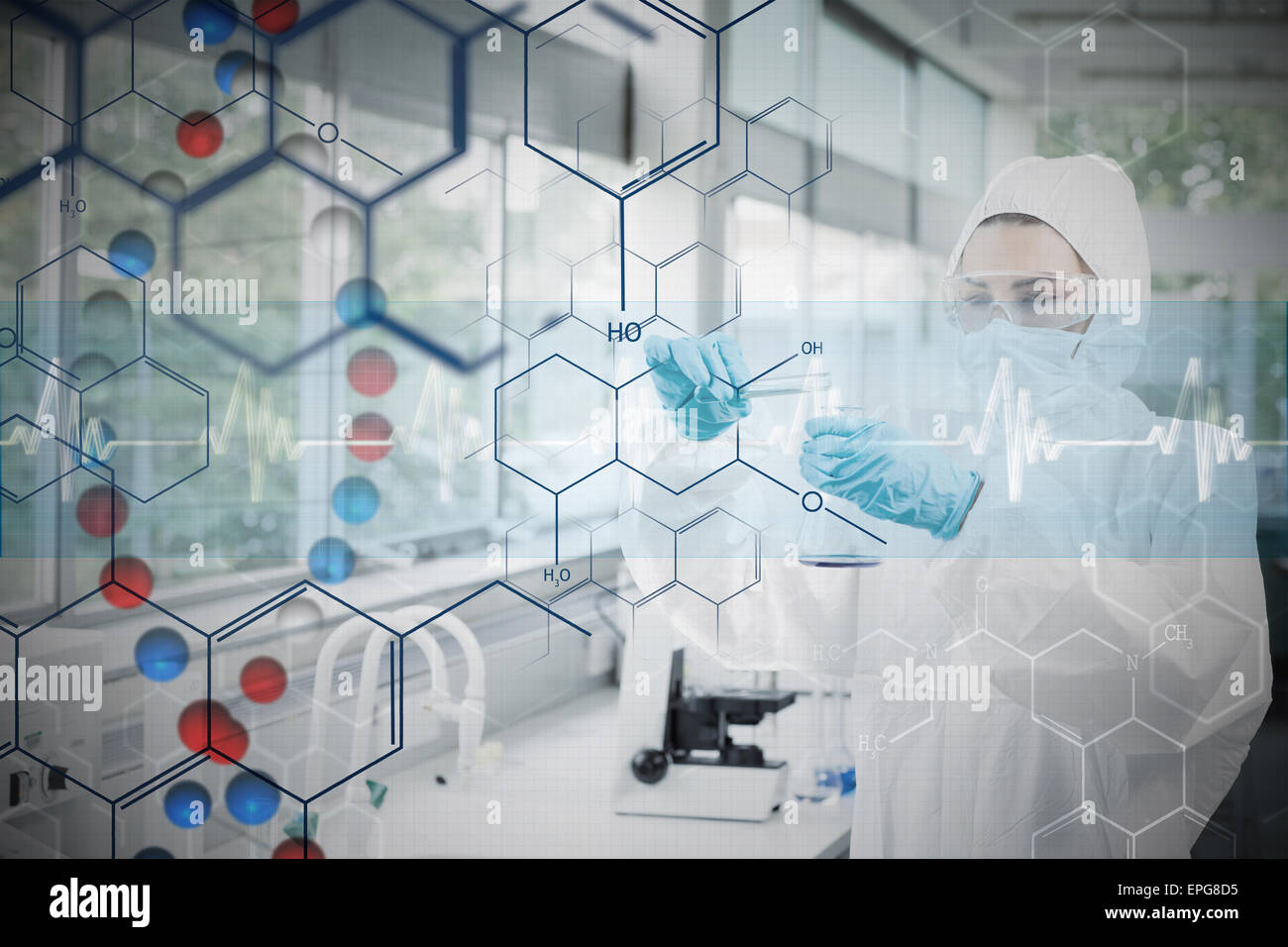 Composite image of chemist in protective suit working with futuristic ...