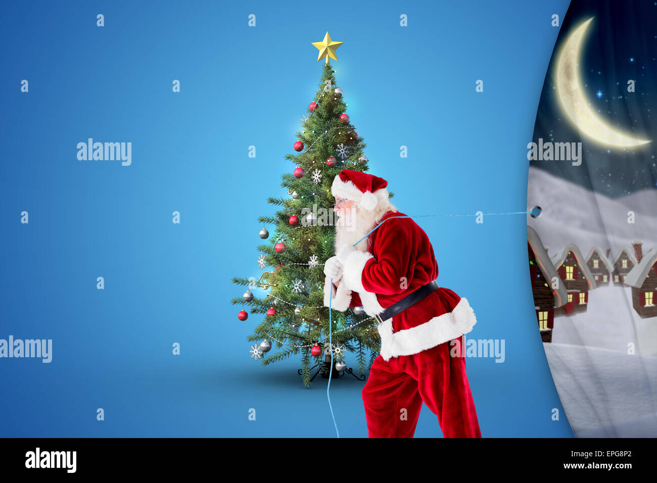 Composite image of santa claus pulling rope Stock Photo - Alamy