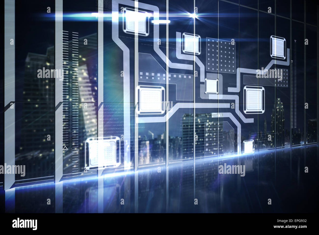 Hologram interface in office overlooking city Stock Photo - Alamy