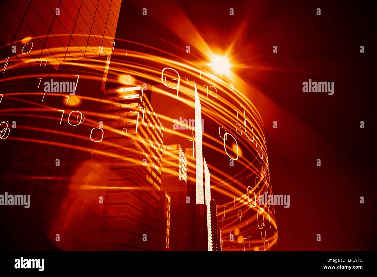 Orange light beams over skyscrapers Stock Photo - Alamy