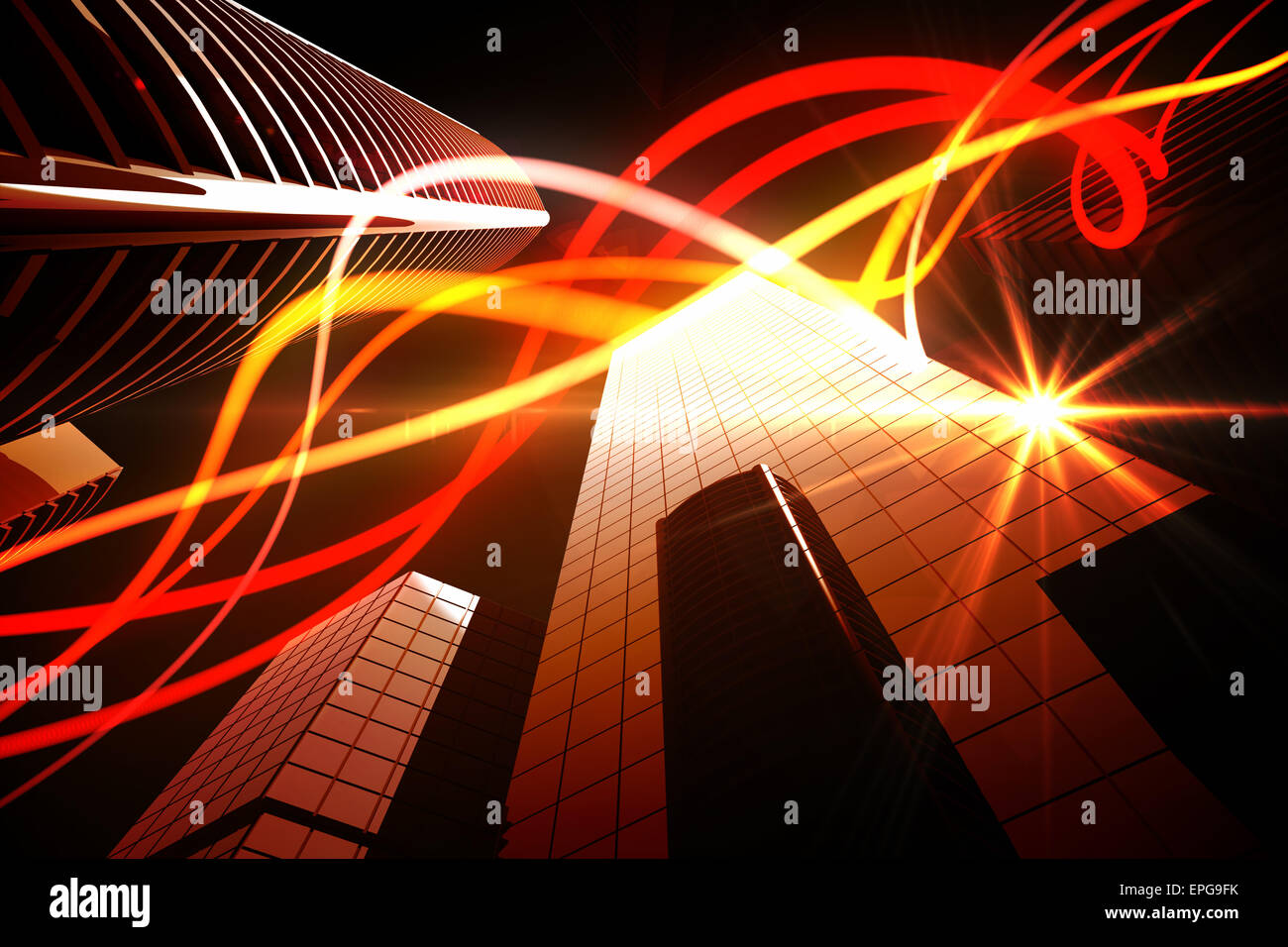 Orange light beams over skyscrapers Stock Photo - Alamy