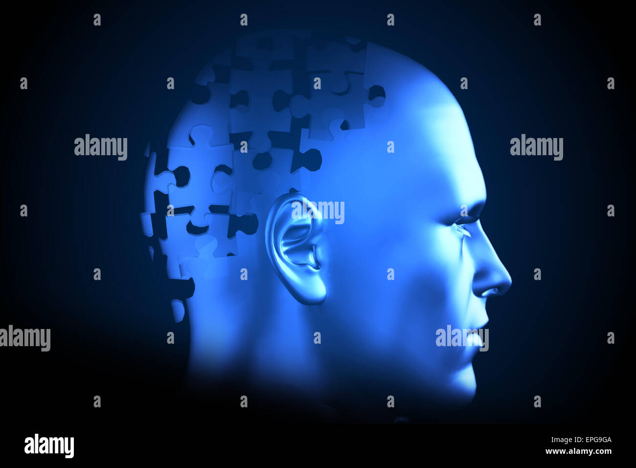 Blue jigsaw head with missing pieces Stock Photo - Alamy