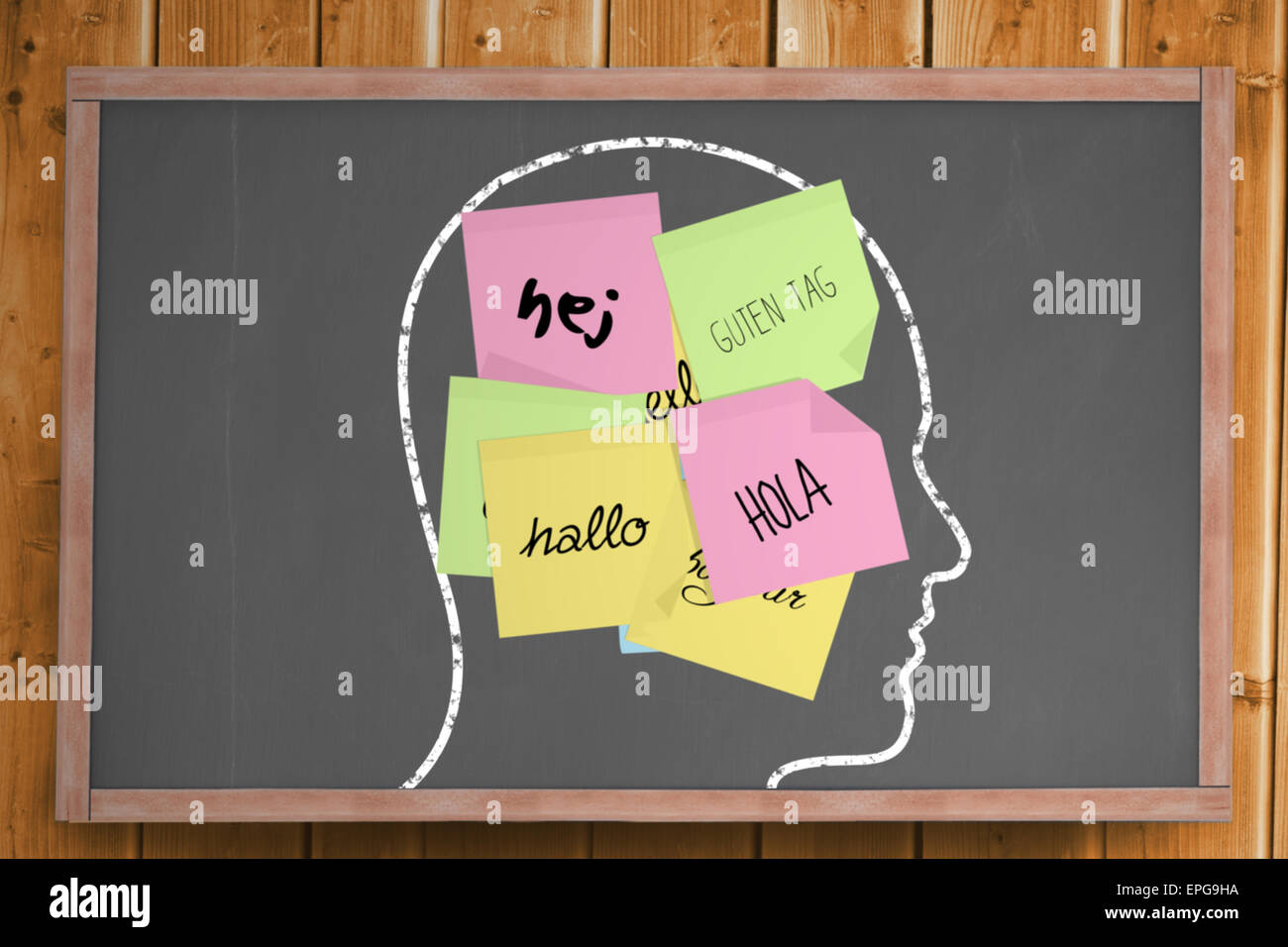 Chalk head with hello post it notes Stock Photo - Alamy