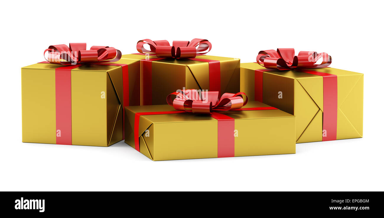 yellow gift boxes with red ribbons isolated Stock Photo - Alamy