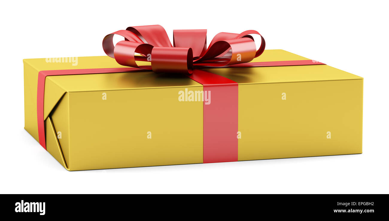 yellow gift box with red ribbon isolated on white Stock Photo - Alamy