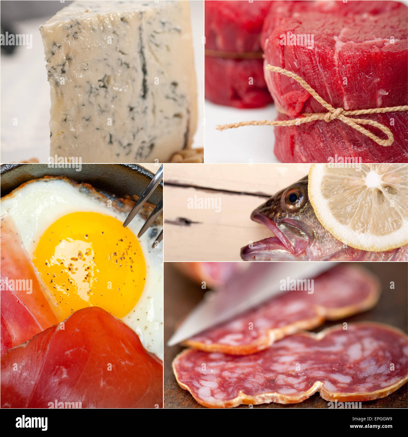 high protein food collection collage Stock Photo - Alamy