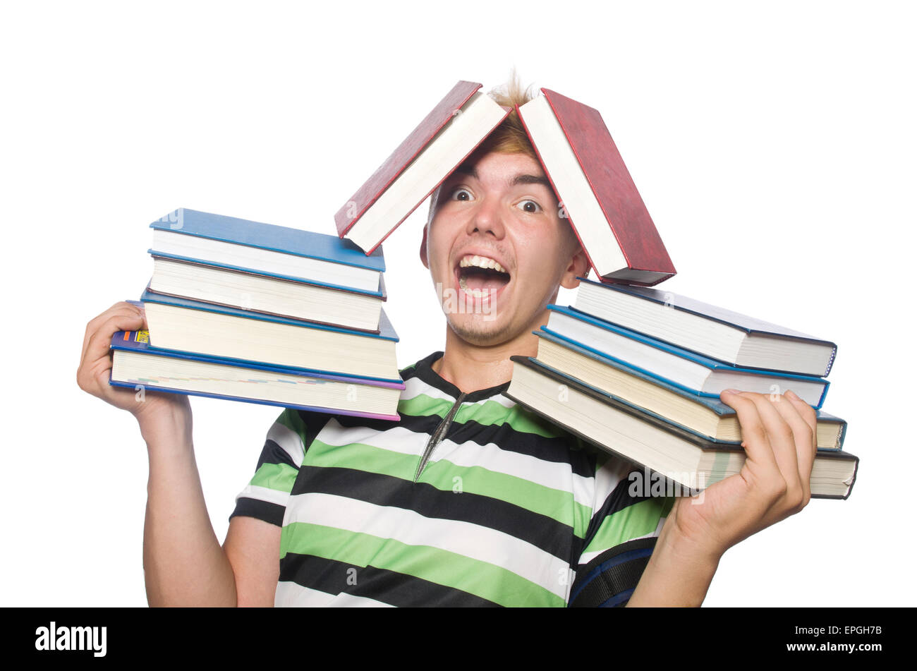 Funny student with stack of books Stock Photo - Alamy
