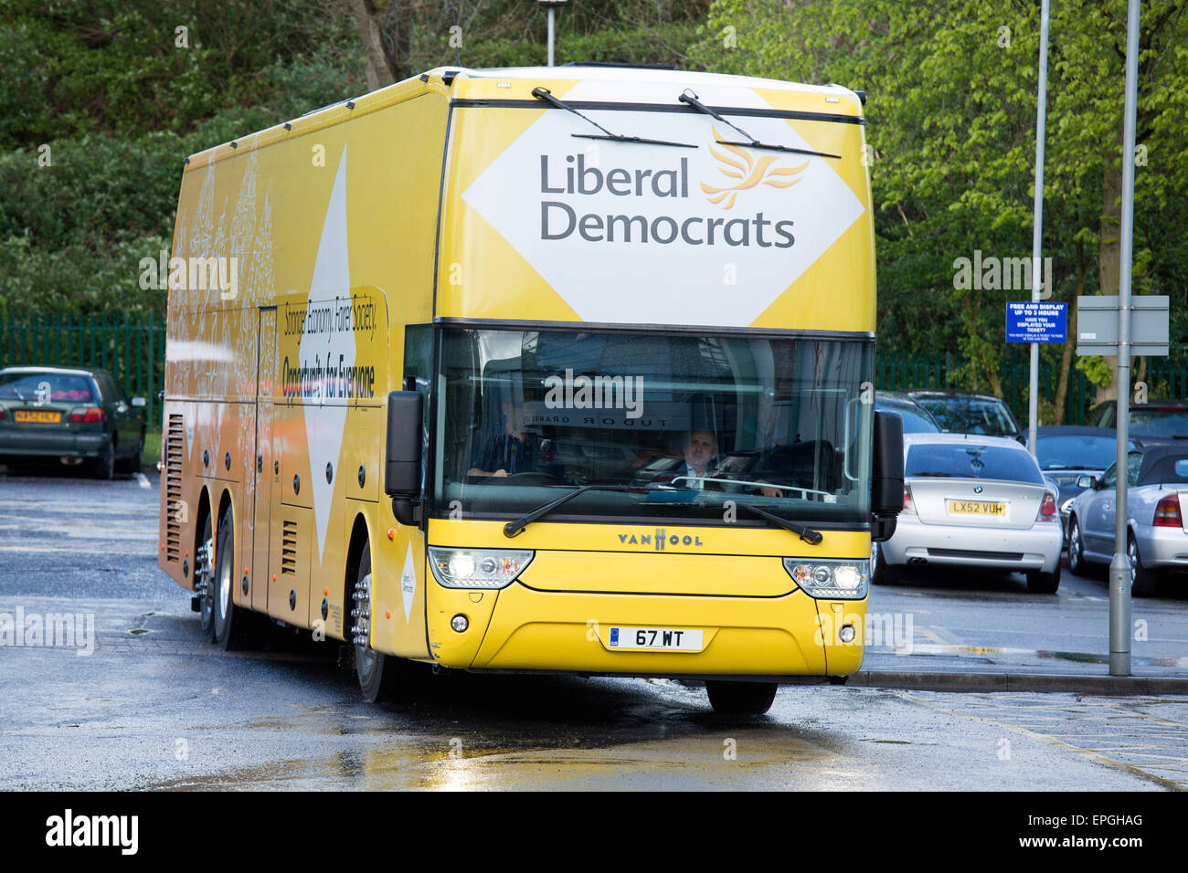 The Liberal Democrats bus arriving at Tudor Grange Sports Centre during ...
