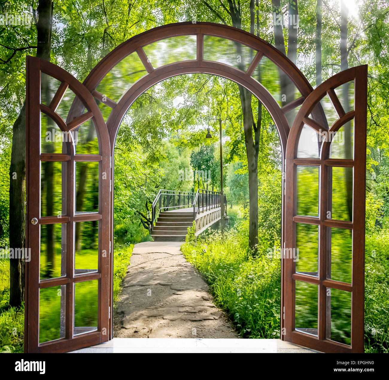 open door and a winter forest Stock Photo - Alamy