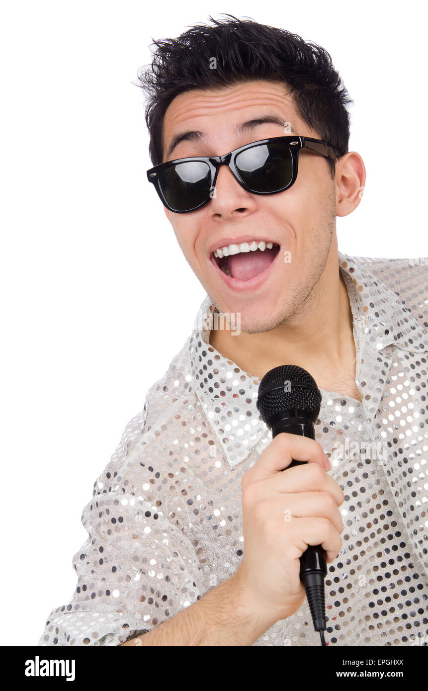 Man with mic isolated on white Stock Photo - Alamy